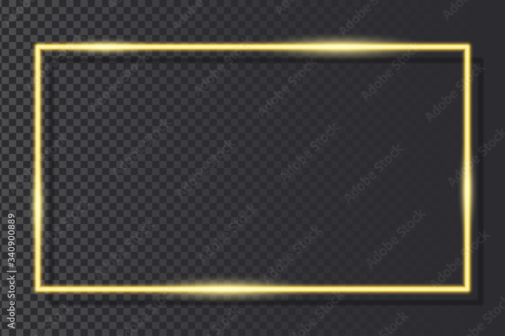 Golden neon frame on transparent background with shadow. Neon light ...