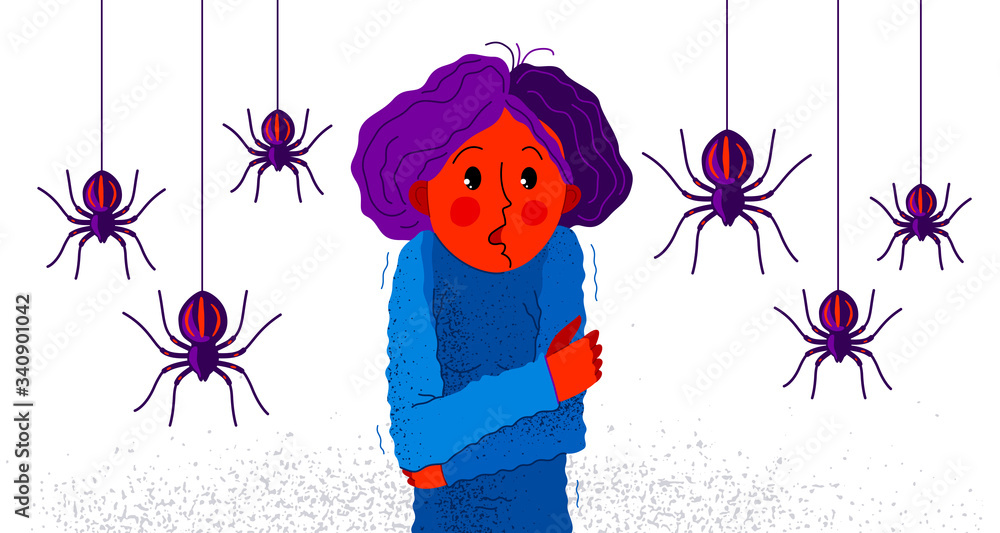 Arachnophobia fear of spiders vector illustration, girl surrounded by ...