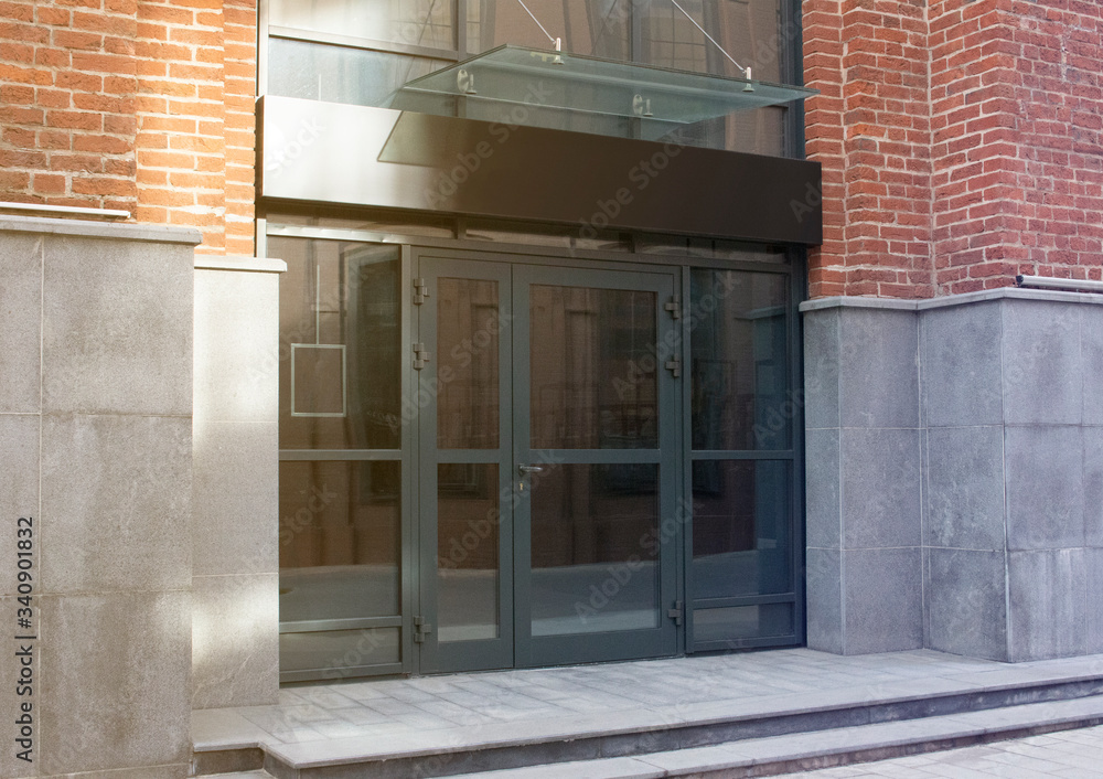 Blank black rectangular box store entrance mockup, glass brick wall ...