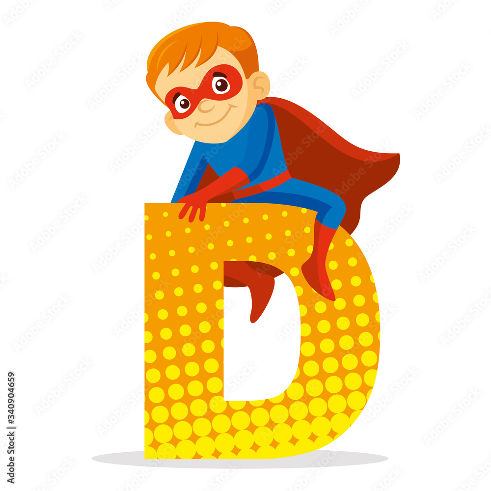 Letter D Superhero Boy Cartoon character Vector illustration Stock ...