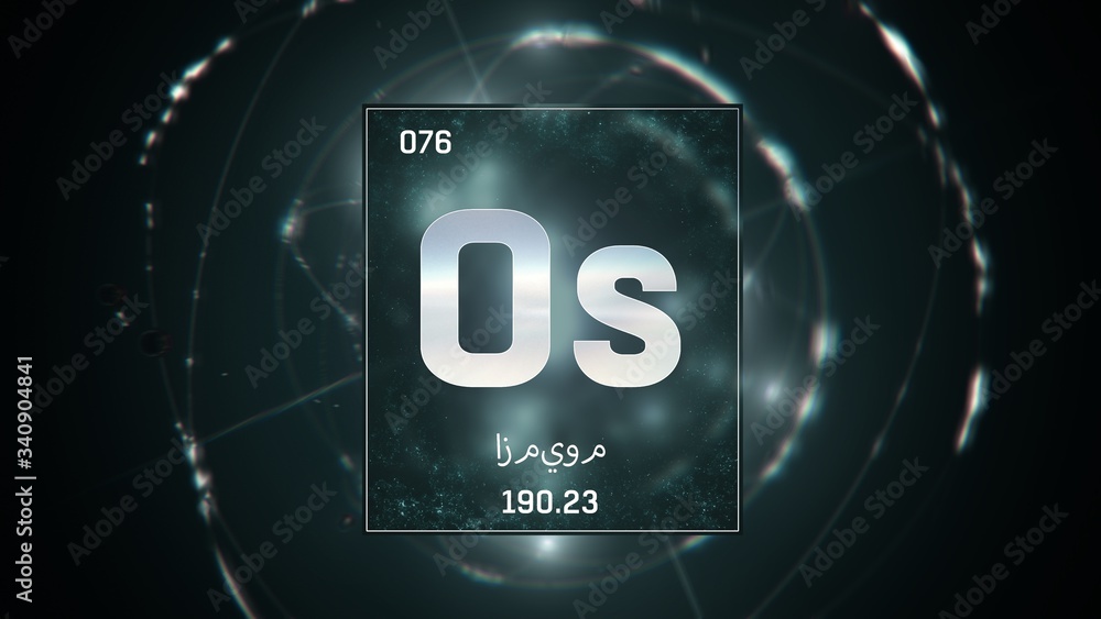 3D illustration of Osmium as Element 76 of the Periodic Table. Green ...