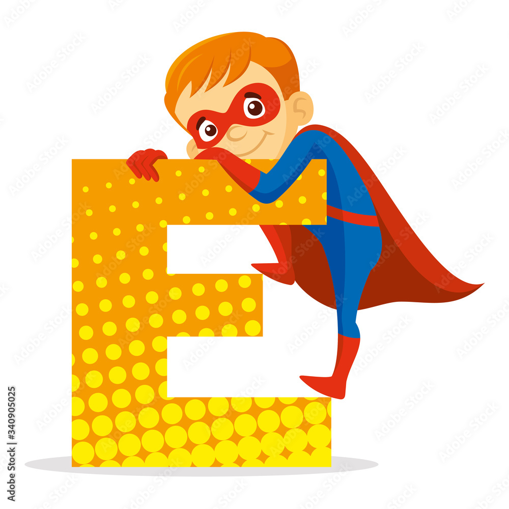 Letter E Superhero Boy Cartoon character Vector illustration Stock ...