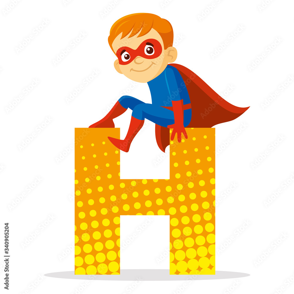 Letter H Superhero Boy Cartoon character Vector illustration Stock ...