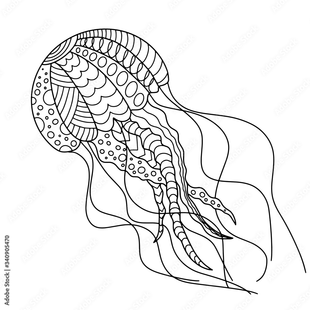 Jellyfish linear vector coloring page isolated on a white background ...