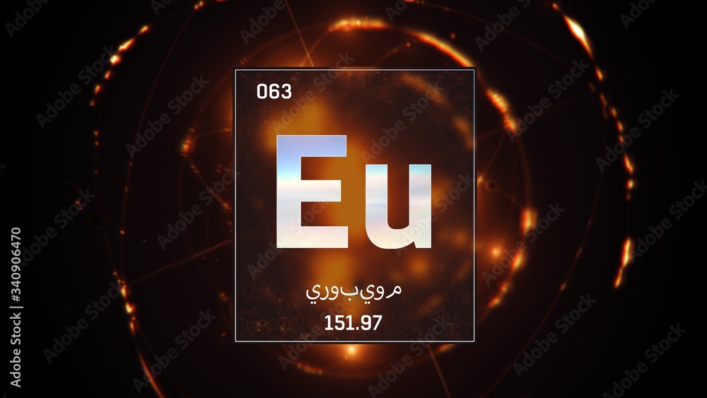 3D illustration of Europium as Element 63 of the Periodic Table. Orange ...