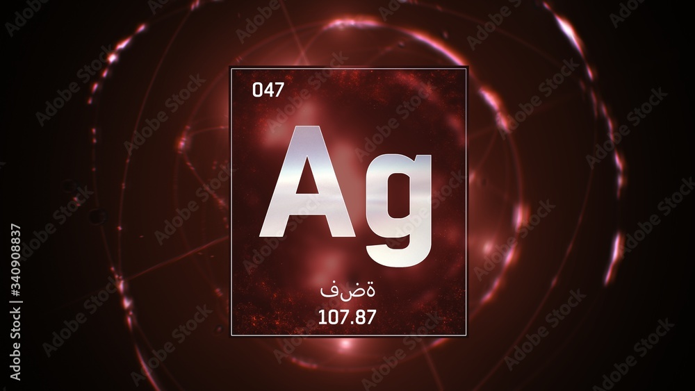 3D illustration of Silver as Element 47 of the Periodic Table. Red ...
