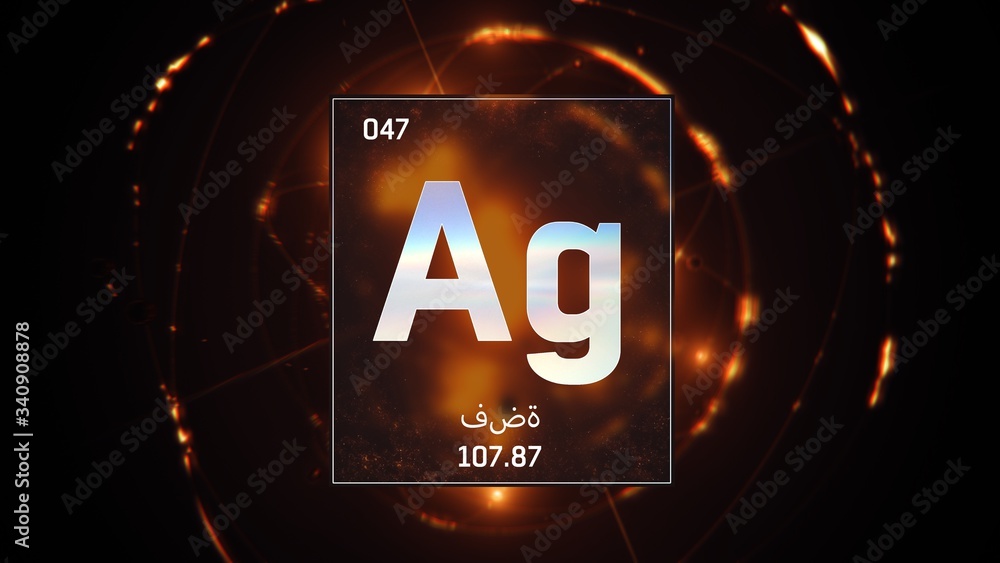 3D illustration of Silver as Element 47 of the Periodic Table. Orange ...