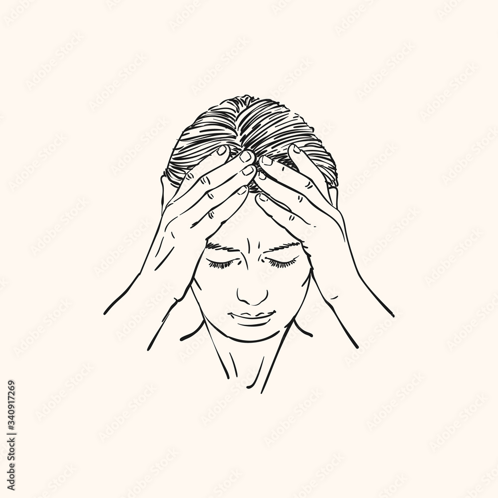 Sketch of young woman has problem and headache holding hands on her ...