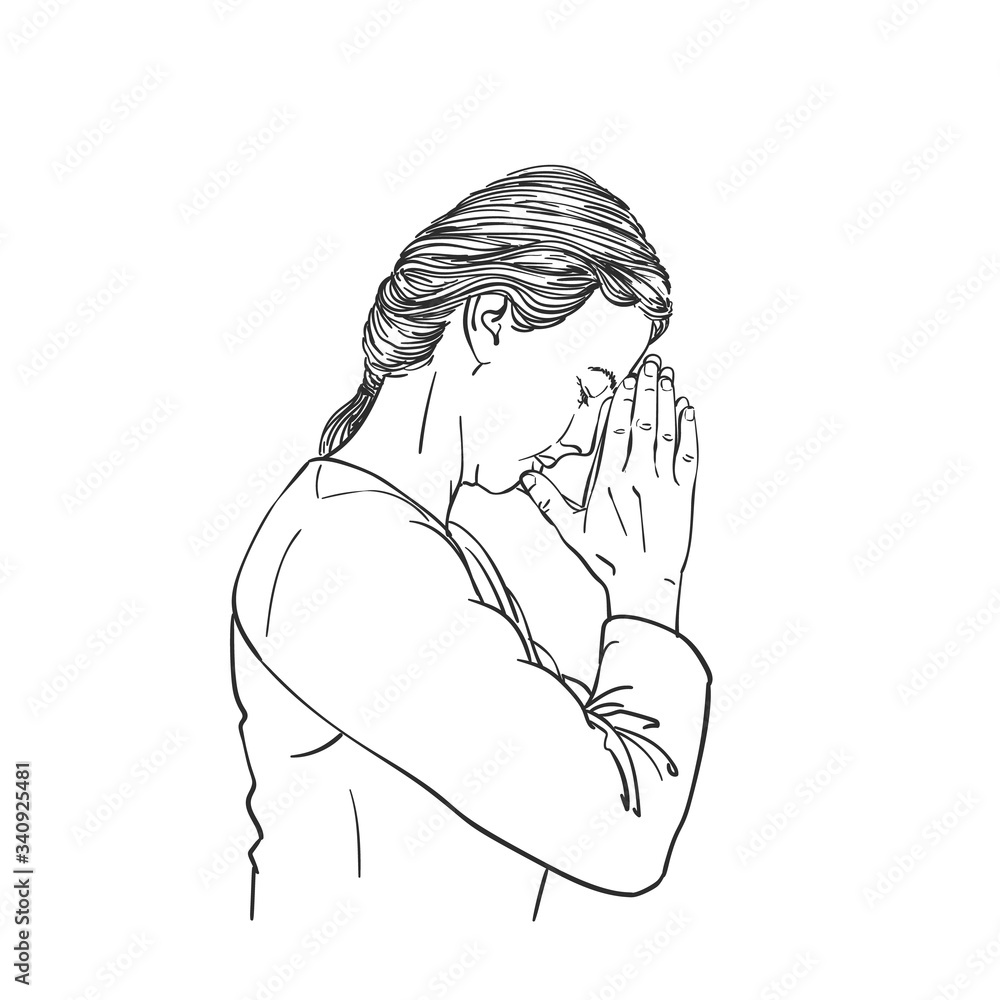 Sketch of woman praying with hands folded in worship touching the ...