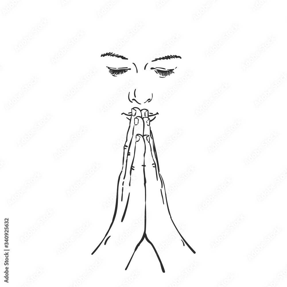 Sketch of isolated face of woman praying with hands folded in worship ...