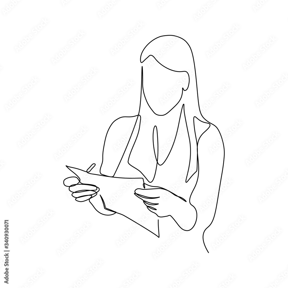 Woman with paper document in hands in continuous line art drawing style ...