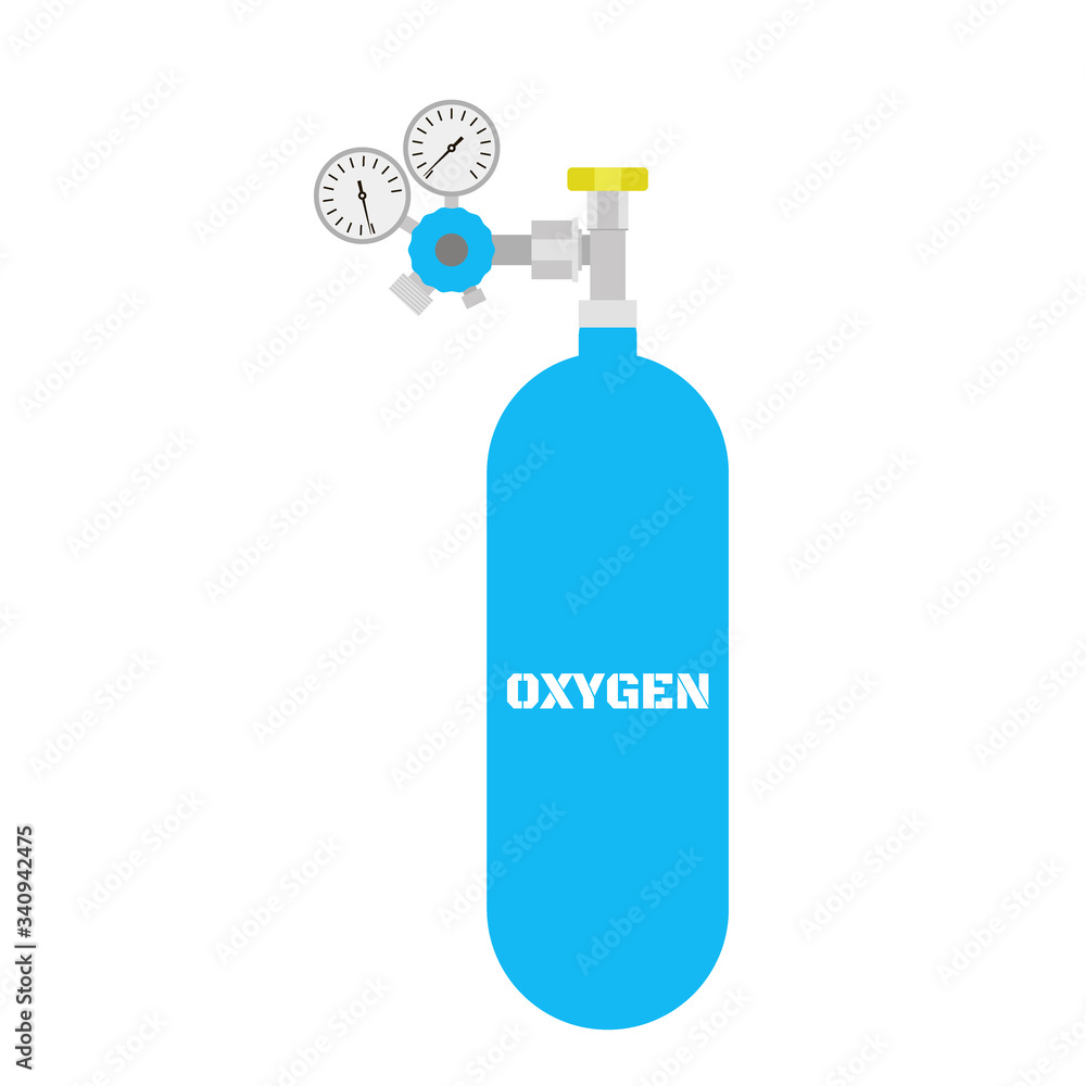 Oxygen gas tank cylinder. Gas container, balloon with manometer. Oxygen ...