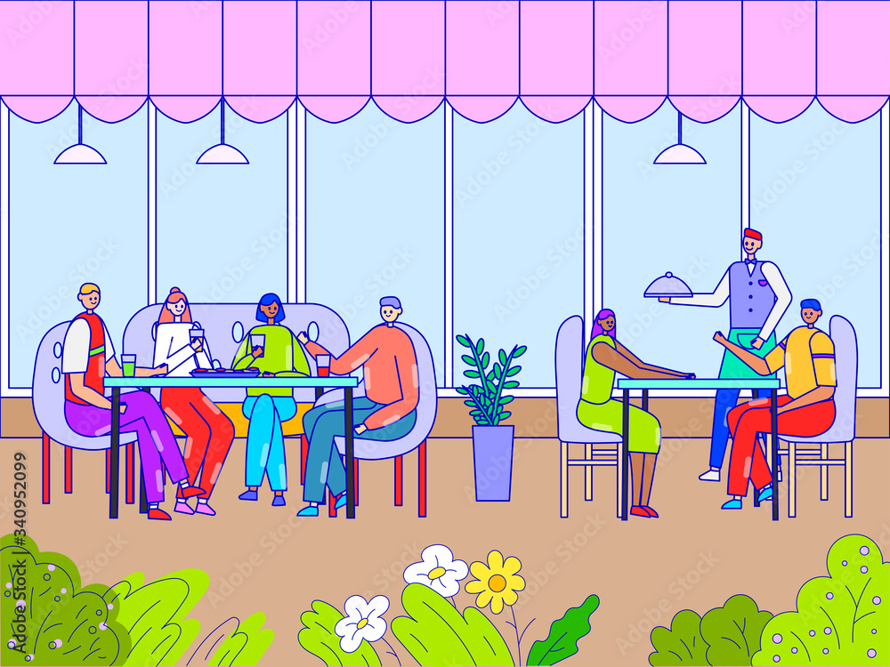 People dining in cafe, cartoon characters in restaurant, friends eating ...