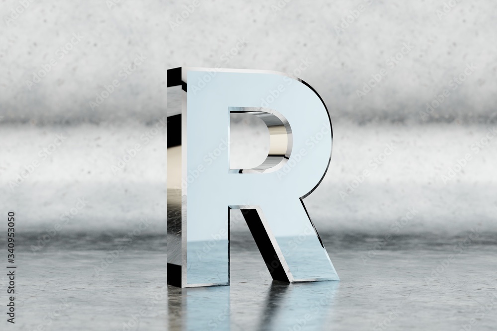 Chrome 3d letter R uppercase. Glossy chrome letter on scratched metal ...