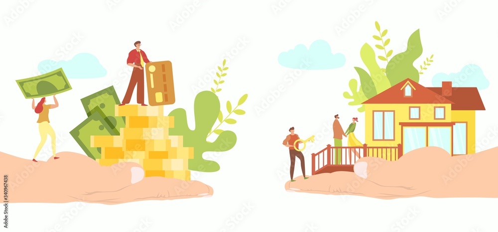 Real estate mortgage concept, tiny people buy new house, hand holding ...