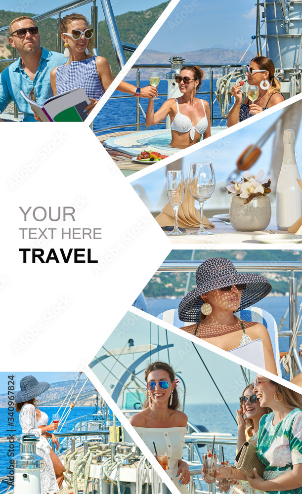 Sailing yacht cruise. Photo collage. Happy family on board ship ...