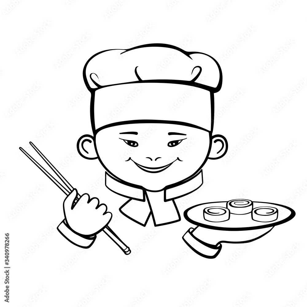Smiling cute Asian little chef with sushi. Logo vector icon isolated on ...