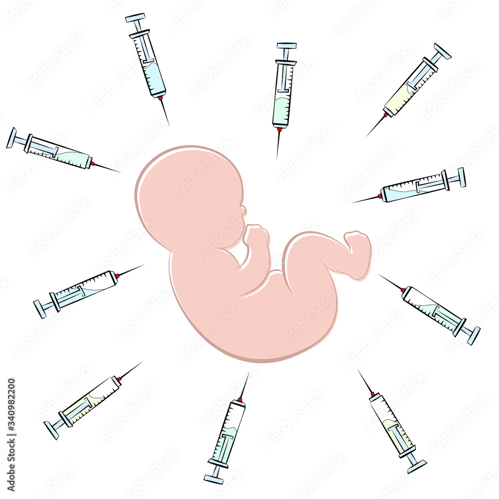 Baby surrounded by syringes, symbolic for vaccine insanity against ...