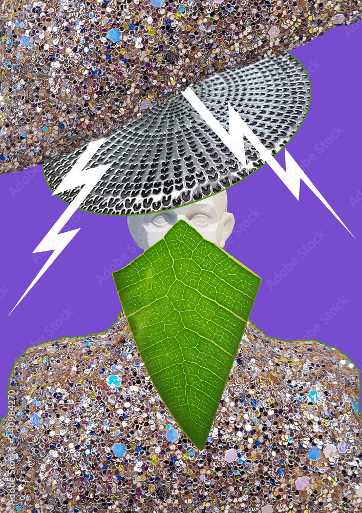 Collage of modern art. A man in armor protects himself from lightning ...