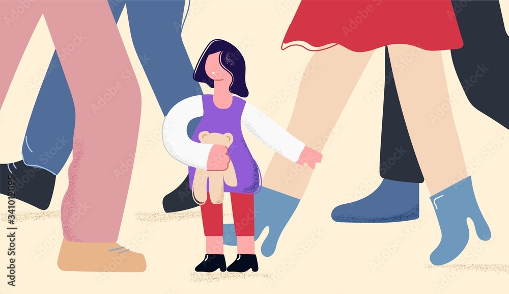 Child girl in adults world vector flat illustration. Cute cartoon kid ...