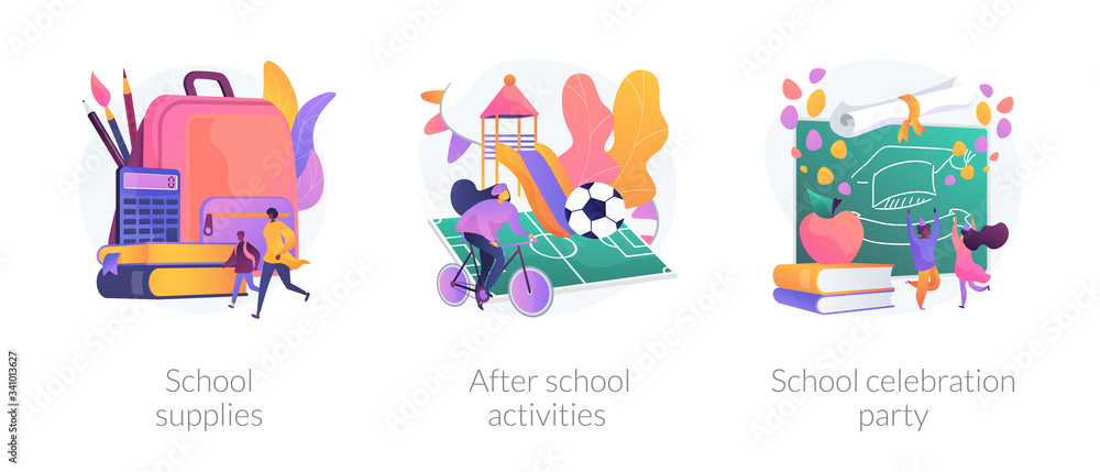 School life abstract concept vector illustration set. Supplies, after ...