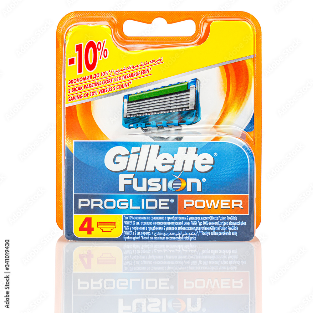 Moscow, Russia - January 23, 2020: Four pieces of Gillette Fusion ...