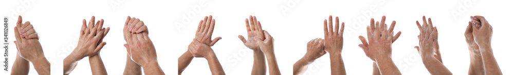 Collage of people washing hands with soap on white background, closeup ...