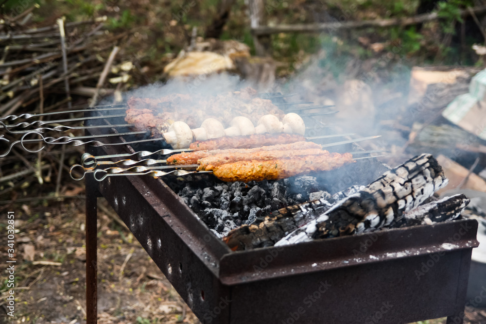 BBQ Beef Kebabs on a Hot Grill Closeup. Arabian and Iranian kabab ...