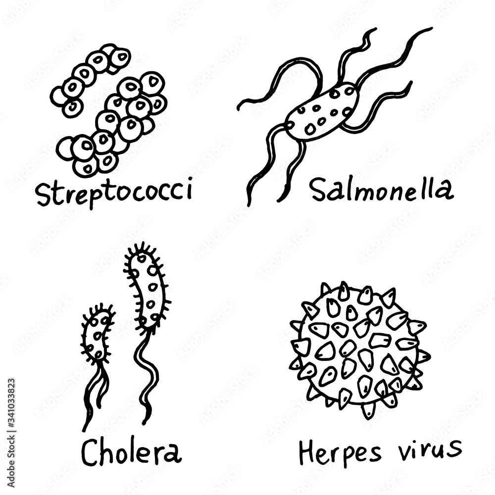 Set of streptoccoci, slamanella, cholera, herpes viruses icons. Hand ...