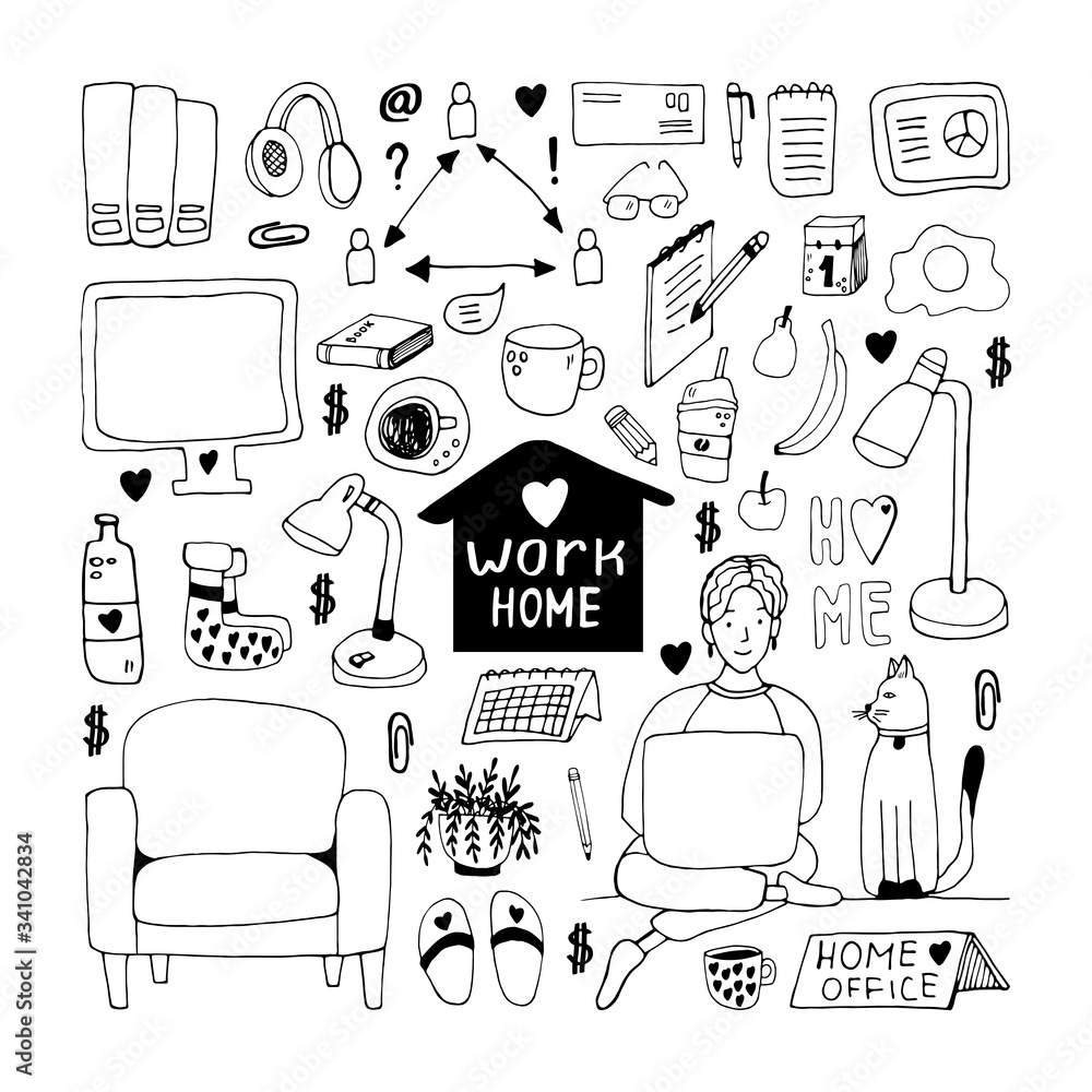 Cute vector hand drawn doodle set about coronavirus, Covid-19, Stay ...