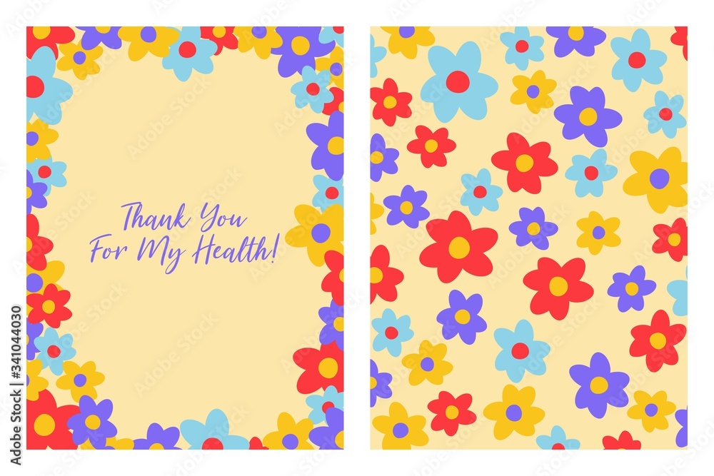 Thank You For My Health card with floral pattern. Flat style hand drawn ...
