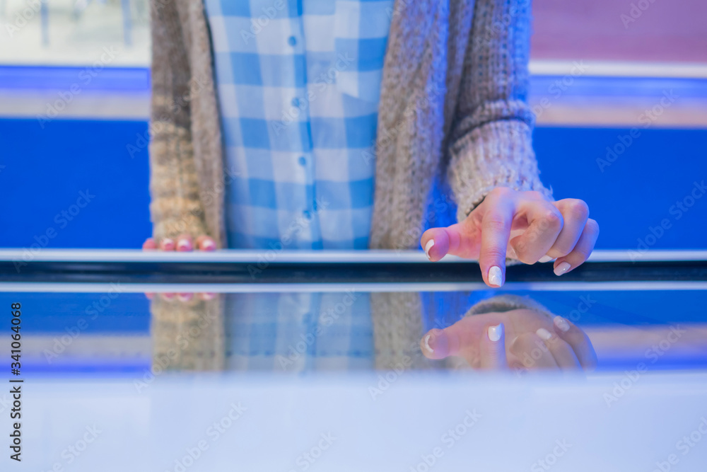 Education, entertainment, learning, technology concept - close up view ...