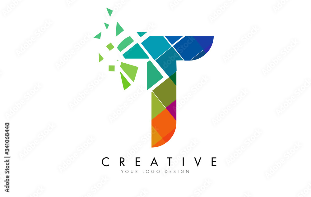 Letter T Design with Rainbow Shattered Blocks Vector Illustration ...