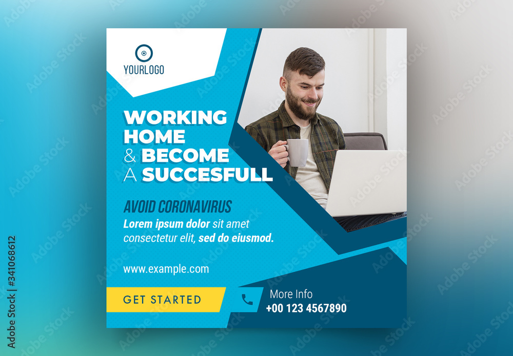 Working from Home Social Media Post Layout Set with Blue Accents Stock ...