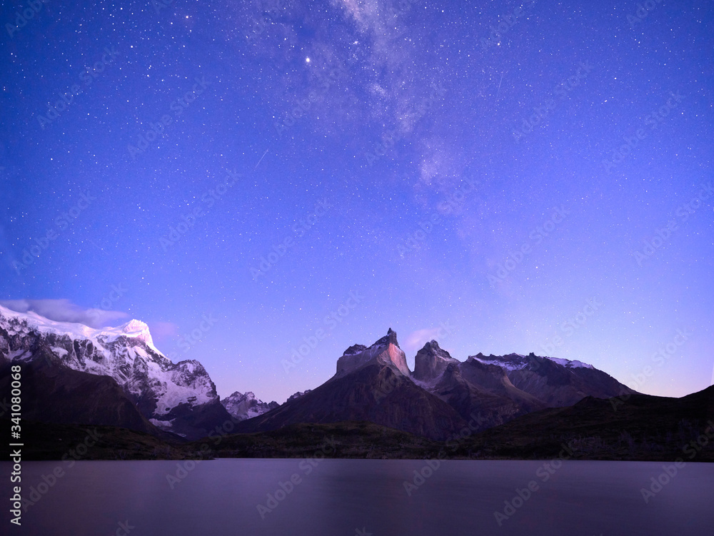 Chile,?Ultima?Esperanza Province, Milky Way galaxy on purple sky over ...