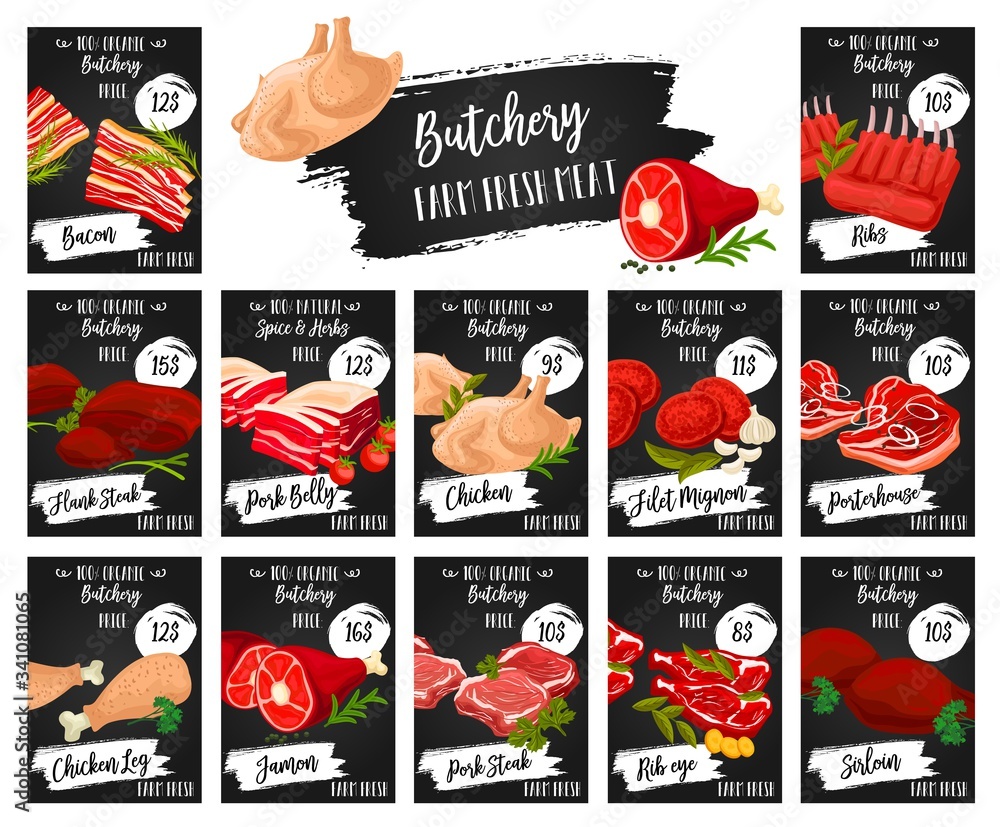 Meat food vector price tags of butcher shop design. Beef and pork ...