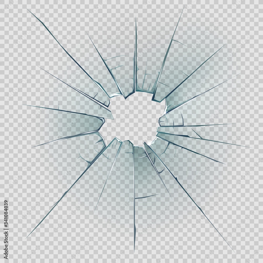 Broken, cracked or crashed glass vector design with realistic hole ...