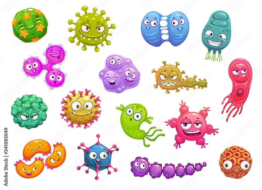 Virus, bacteria and germ vector characters of cute cartoon infectious ...