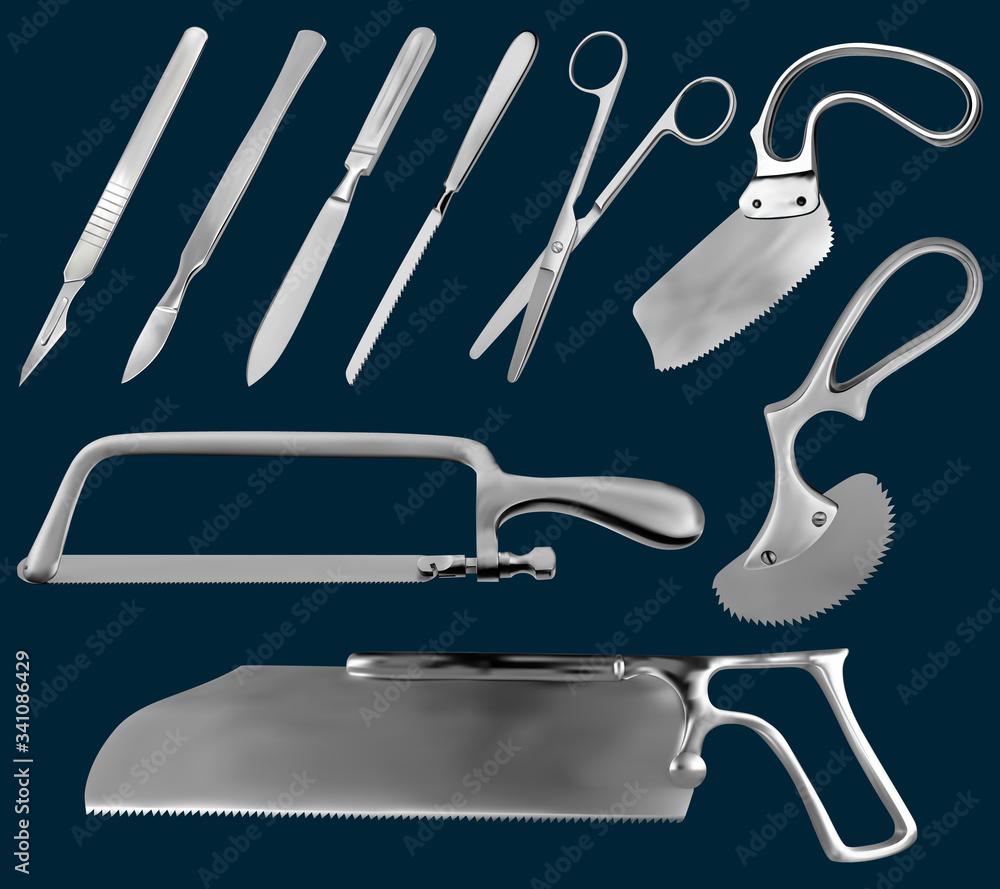 Set of surgical cutting tools. Reusable scalpels, Liston amputation ...