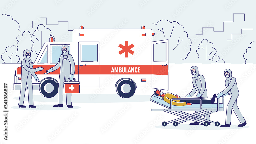 Isolation Of Infected Patients Concept. Ambulance Brigade In Protective ...