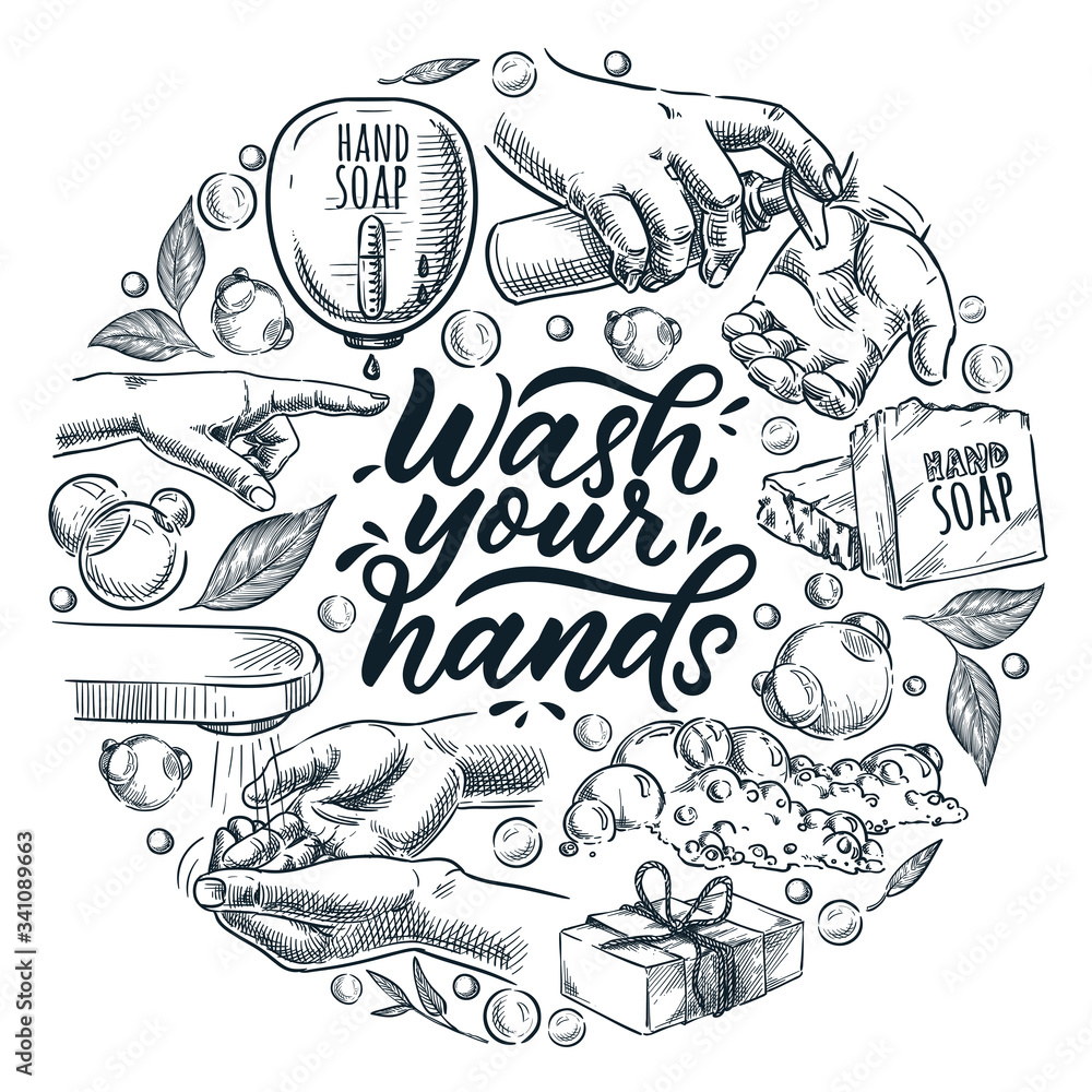 Wash your hands calligraphy lettering. Vector sketch illustration of ...