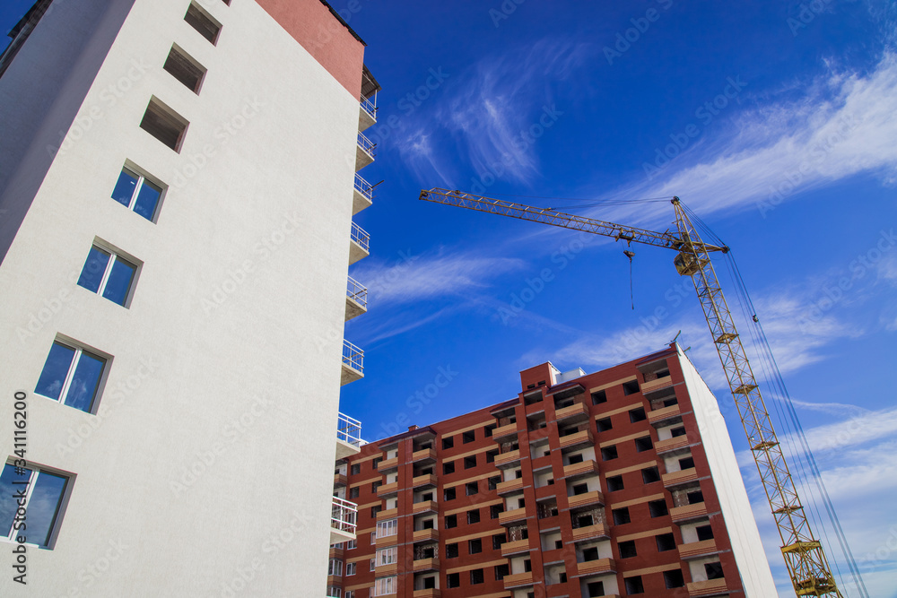 common city building construction facade foreshortening from below ...
