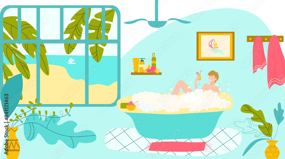 Girl Relax In Bathroom Smiling Woman Lying In Bathtub Full Of Soap