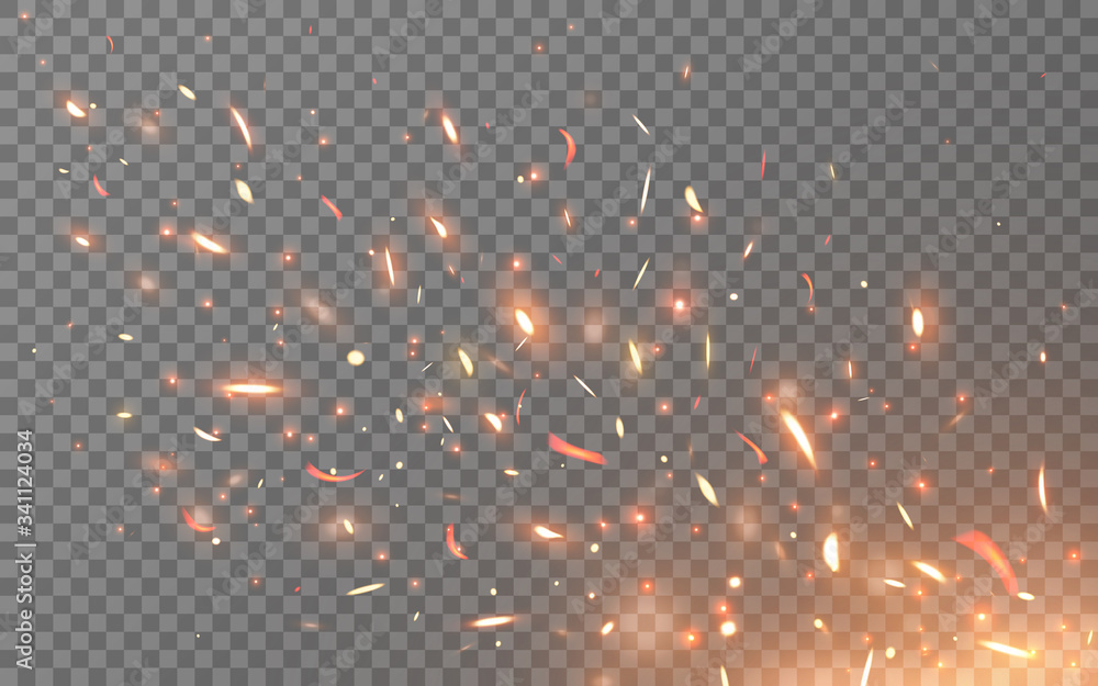 Fire sparks isolated on light transparent background. Burning particles ...