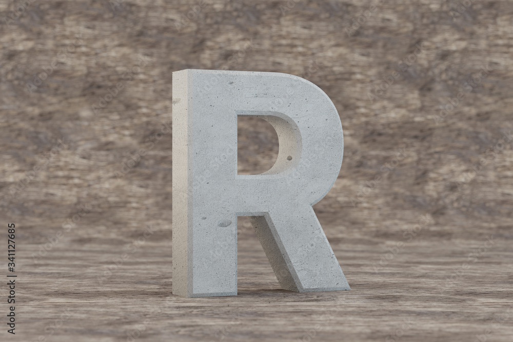Concrete 3d letter R uppercase. Hard stone letter on wooden background ...