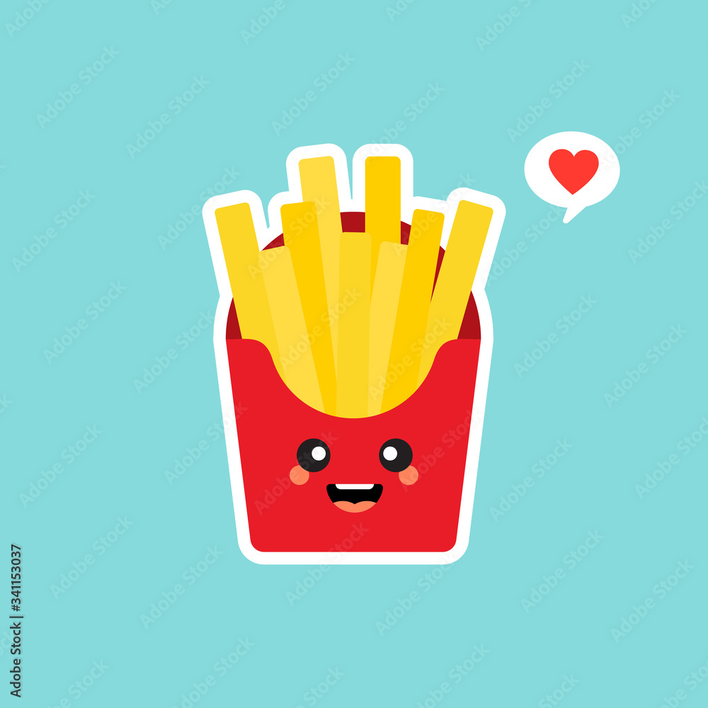 French Fries in red package. Happy Fast Food concept. Funny Emoticon ...