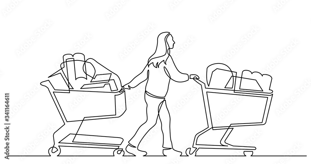 continuous line drawing of woman pushing two shopping carts full of ...