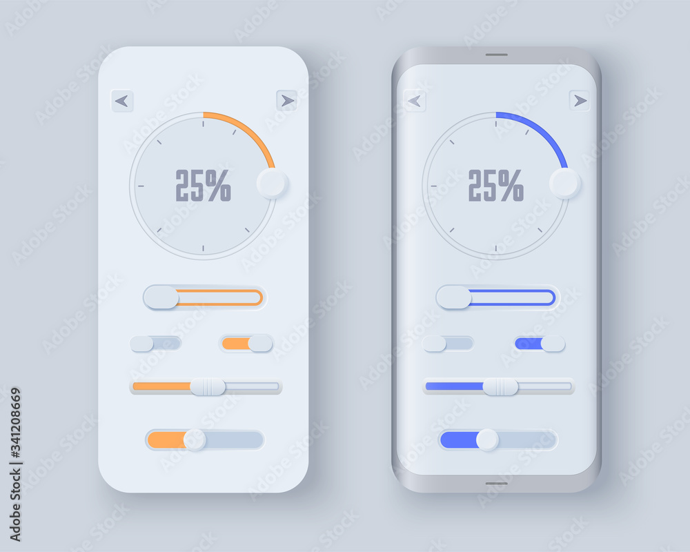 Neumorph UI kit on sample smartphone screen. Volume Knob with slider ...