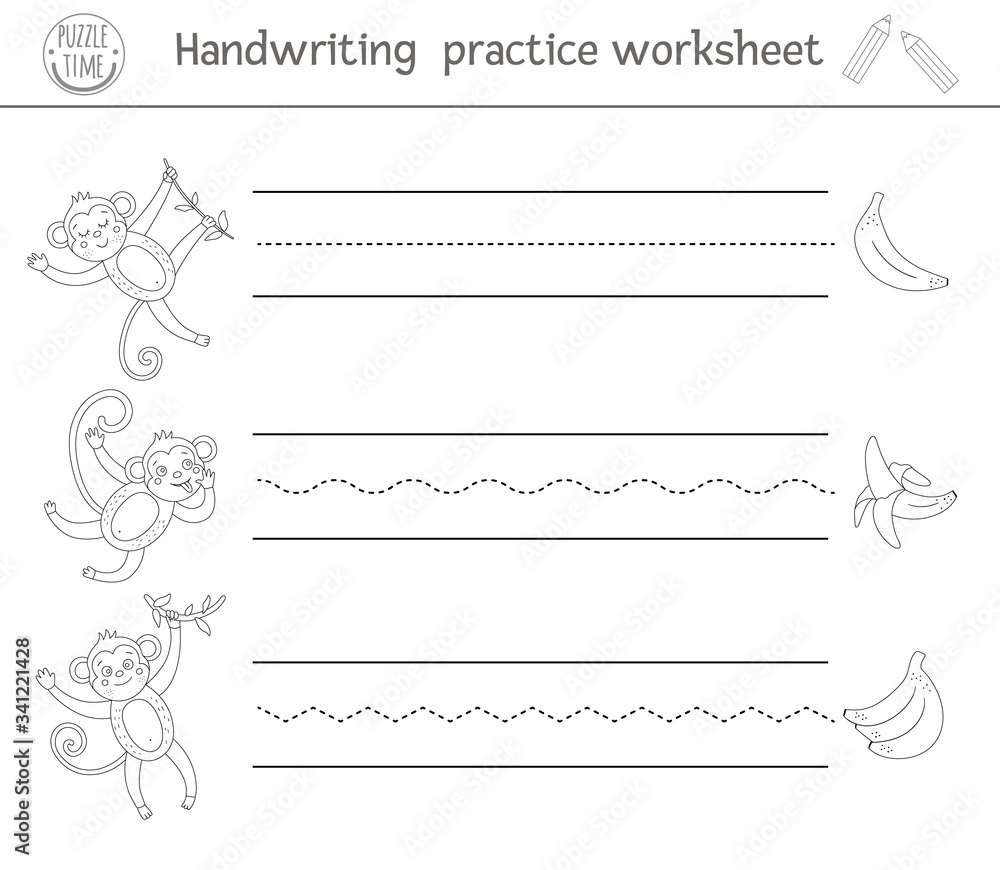 Vector handwriting practice worksheet. Printable black and white ...