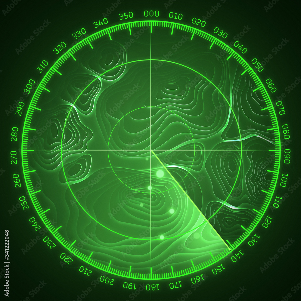 Radar system screen in green color tones. 3D illustration Stock ...